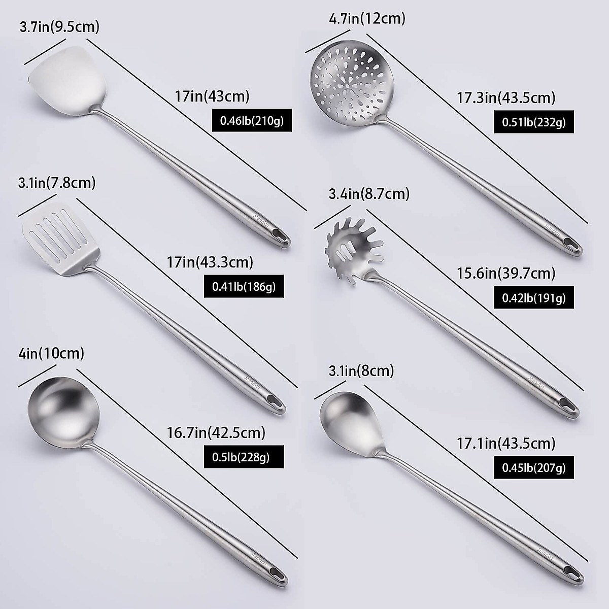 17Inch 304 Stainless Steel Kitchen Utensils Set, 6-Pieces All Metal Extra Long Handle Cooking Tools with Wok Spatula, Soup Ladle, Skimmer Spoon, Slotted Spatula Turner, Spaghetti Server, Solid Spoon