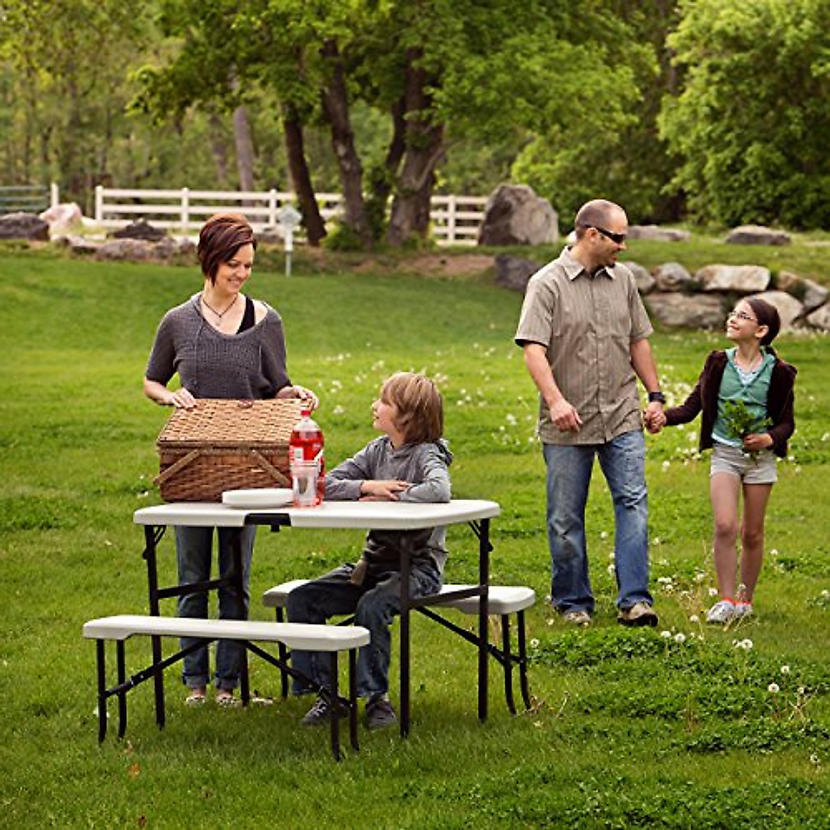 Lifetime 80373 Portable Folding Camping RV Picnic Table and Bench Set, Almond