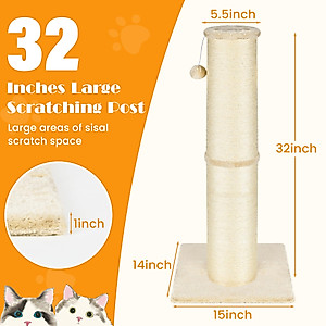 PAWSCRAT Cat Scratching Post 32 Inch High, 5.5 Inch Large Diameter Natural Sisal Cat Scratch Post, Scratch-Resistant and Durable Tall Cat Scratcher for Indoor Cats, Protect Your Furniture, Beige