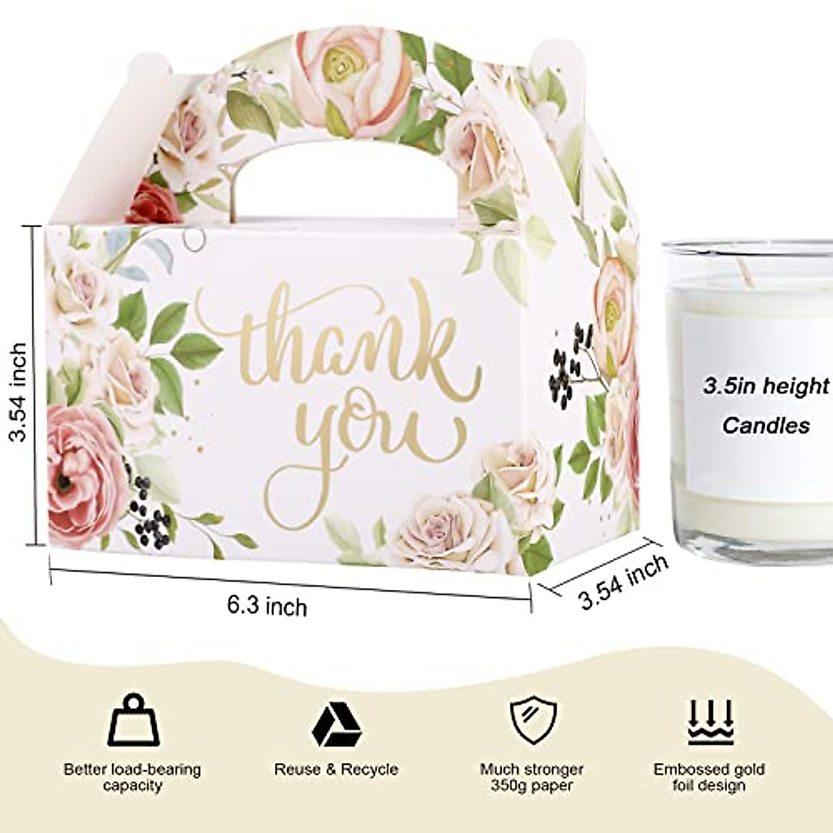 SOSFKIM Gable Treat Boxes Large 24 Pack - Floral Party Favor Boxes Bulk Embossed Foil 6.3x 3.5x 3.5in - Goodie Gable Boxes for Baby Shower, Wedding, Birthday