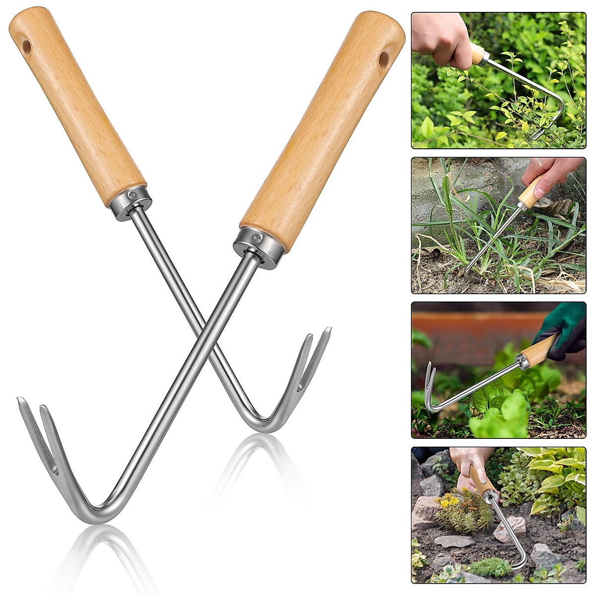 Happyyami Hand Weeding Weeder Tools Garden with Handle Edging Tool Pulling Tool Beech Handle Lawn Yard Gardening Tool Garden Hand Cultivator Hand Tiller Weeder