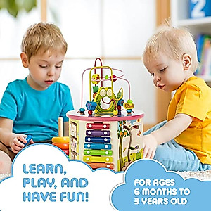 KIDDERY TOYS Wooden Activity Cube for Toddlers 1-3 with Bead Maze - Birthday Gift Busy Baby Activity Cube for 6-Month-Old Baby