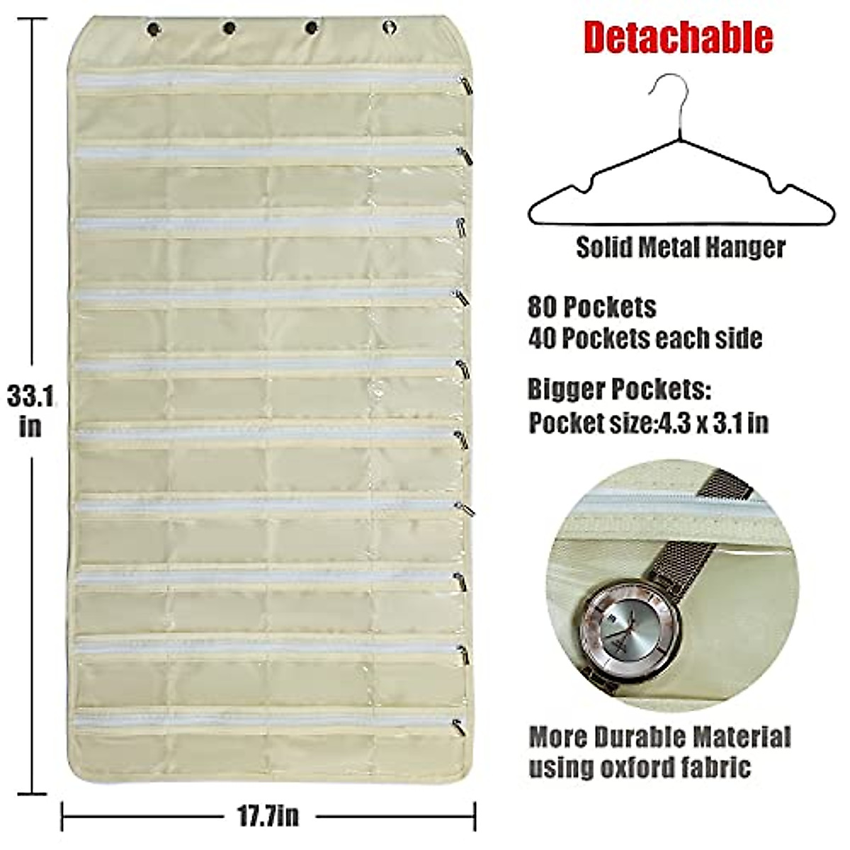 BB Brotrade Hanging Jewelry Organizer,Double Sided Jewelry Storage Organizer,80 Zipper Clear PVC Pockets for Holding Necklaces, Bracelets, Rings, Earrings