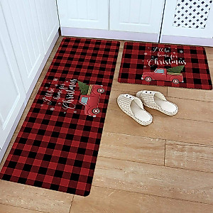 Kitchen Rugs Set Anti-Fatigue Floor Mat Doormats 2 Pcs Waterproof Non-Slip Kitchen Mats and Rugs PVC Standing Mats Runner Carpet, I'll Be Home for Christmas Truck with Xmas Tree Plaid 18"x30"+18"x59"