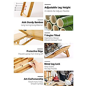 Laptop Desk Nnewvante Table Adjustable Bamboo Foldable Breakfast Serving Bed Tray w' Tilting Top Drawer