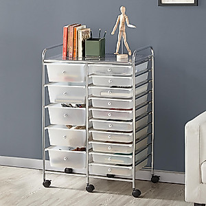 Yaheetech 15 Drawers Rolling Storage Cart Multipurpose Mobile Rolling Utility Storage Organizer Cart Tools Scrapbook Paper Organizer on Wheels, White