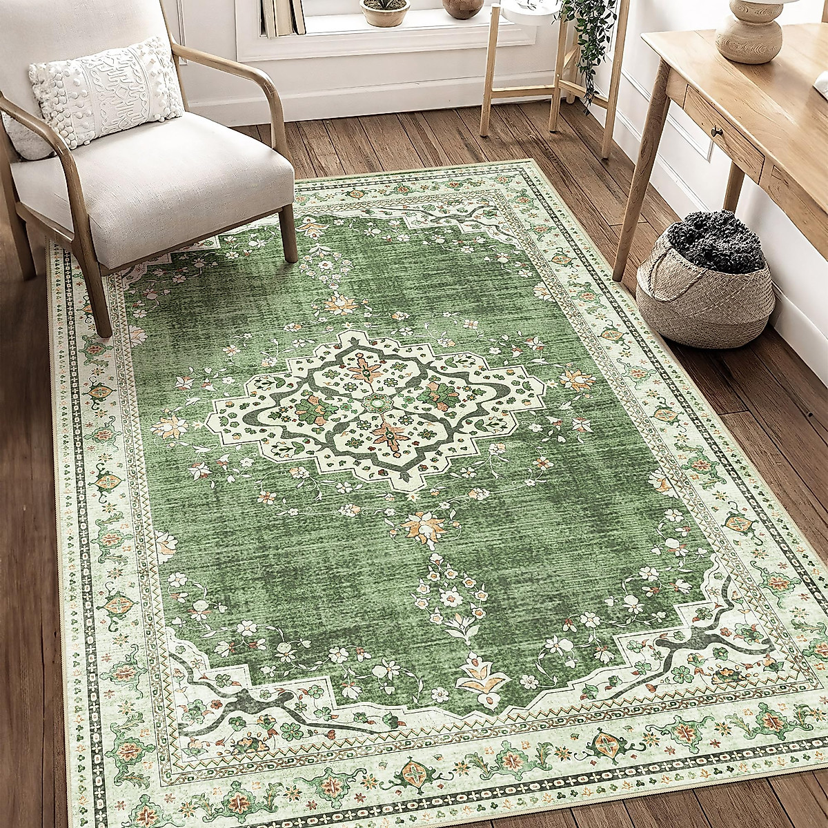YesRug Green Small Rug 3x5, Boho Vintage Rug for Bathroom Living Room Bedroom Kitchen Office Rug, Non Slip Washable Soft Low Pile Area Rug Distressed Floor Carpet