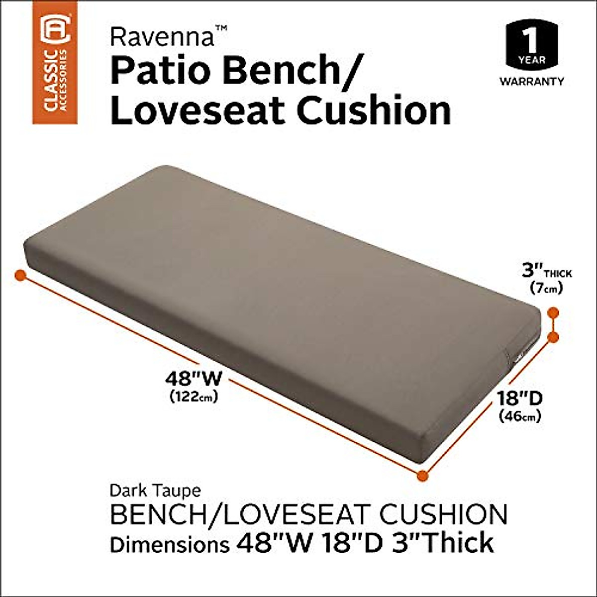 Classic Accessories Ravenna Water-Resistant 48 x 18 x 3 Inch Outdoor Bench/Settee Cushion, Patio Furniture Swing Cushion, Dark Taupe, Patio Loveseat Cushion, 1 Count (Pack of 1)