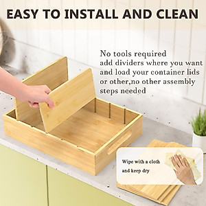 Retro Shaw Bamboo Food Container Lid Organizer for Cabinet & Drawer,Kitchen Cabinet Organizer with 5 Adjustable Dividers for Plastic Lid Storage and Holder,Fit for Kitchen,Home,RVs,Campers,Pantry etc