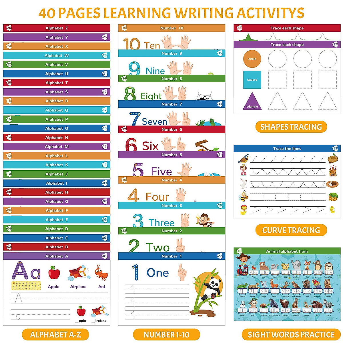 Handwriting Practice Book for Kids, Toddler Preschool Learning Activity for 3 4 5 Year Old, Kindergarten Educational Toys, Montessori Toys Learn Number Letters/ Shapes/ Animal/ Sight Words Workbook