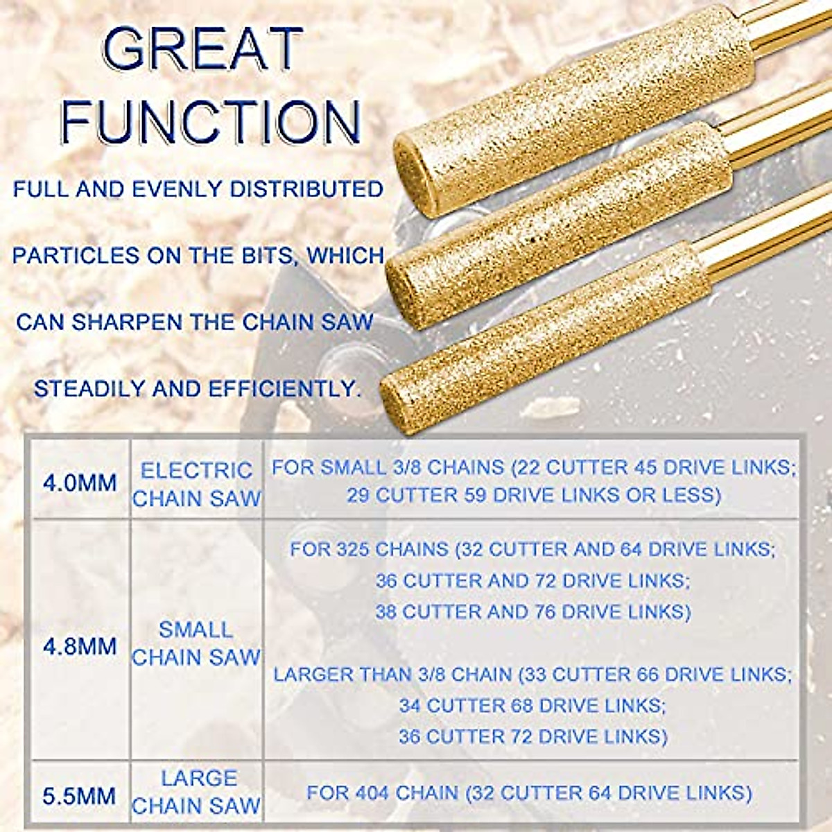 Burr Grinding Stone File - 6Pcs 3mm 5/32" 3/16" 7/32" Shank Diamond Chainsaw Sharpener Rotary Bit Set Polishing Sharpening Garden Tool for Lawn Mower Chainsaw Parts Garden,120-150 Grit,Gold (Gold)