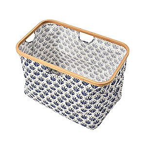 Household Essentials Bamboo Rimmed Krush Basket with Cutout Handles, Blue Cacti