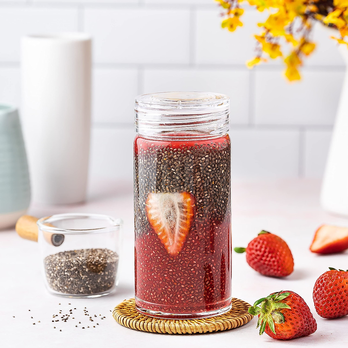 Glass Water Bottles - 4 Pack Wide Mouth Juice Bottles with Clear Lids for Juicing, Smoothies, Fruit Water, Teas, Beverage Storage (10 oz)