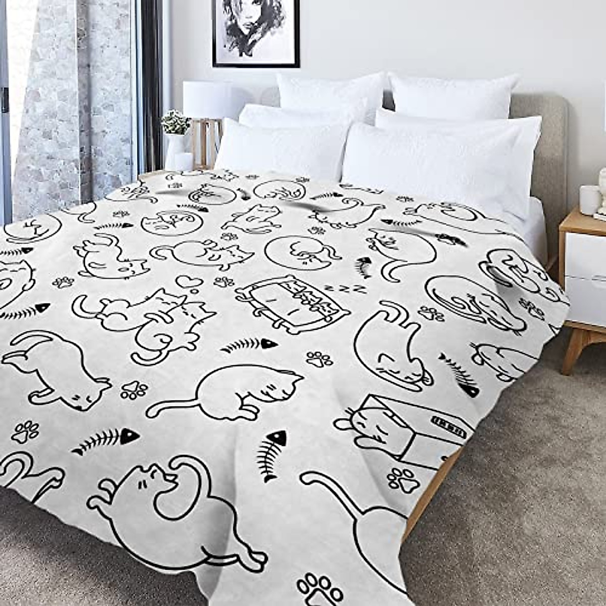 Cat Throw Blanket for Cat Lovers Cute Cat Flannel Fleece Blankets for Kids Adults Kawaii Simple Cat Print Lightweight Fuzzy Blanket Soft White Blanket for Couch Sofa Bed Birthday Gifts, 50''x60''