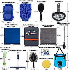 AUTODECO 22Pcs Car Wash Cleaning Tools Kit Car Detailing Set with Blue Canvas Bag Collapsible Bucket Wash Mitt Sponge Towels Tire Brush Window Scraper Duster Complete Interior Car Care Kit