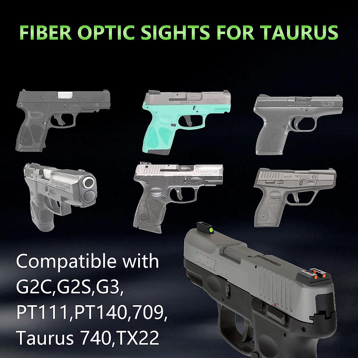 TAEDNOMZN Fiber Optic Red Green Sights No-Tritium for Taurus G2C, PT111,G2S, G3, G2, PT140, 709, 740, TX22 Accessories Sights Set (Front Green + Rear Red)