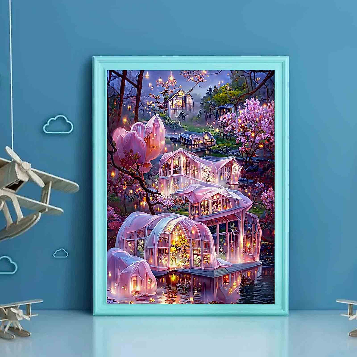 1tonine DIY Diamond Painting Kits for Adults - Flower Pink House Dream Scenery (Canvas) Full Round Drill Diamond Art Kits for Beginnners - Valentines Day Gifts Wall Room Decor (12x16inch/30×40cm)