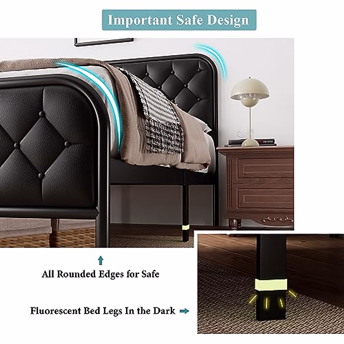 iPormis Upholstered Queen Platform Bed Frame, Heavy Duty Mattress Foundation, 12" Under Bed Space, Metal Slats Support, Button Faux Leather Headboard, Easy Assembly, Noise Free, Black