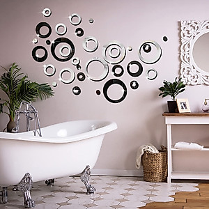 Outus 72 Pieces Wall Stickers Acrylic Circle Mirror Removable Round Dots Mirror Wall Decoration Wall Decals Murals for Home Living Room Bedroom Decor(Silver, Black)