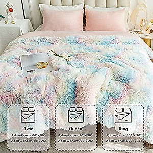 CHOSHOME Plush Shaggy Duvet Cover Set Queen Size, Tie Dye Fluffy Faux Fur Comforter Cover Set, Fuzzy Flannel Bedding Set, 3 Pieces (1 Furry Duvet Cover + 2 Pillow Shams), Zipper Closure, Rainbow