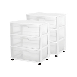 Sterilite 29308001 Home 3 Drawer Wide Storage Cart Portable Clear Container with Adjustable Casters for Home Organization and Storage, (2 Pack)