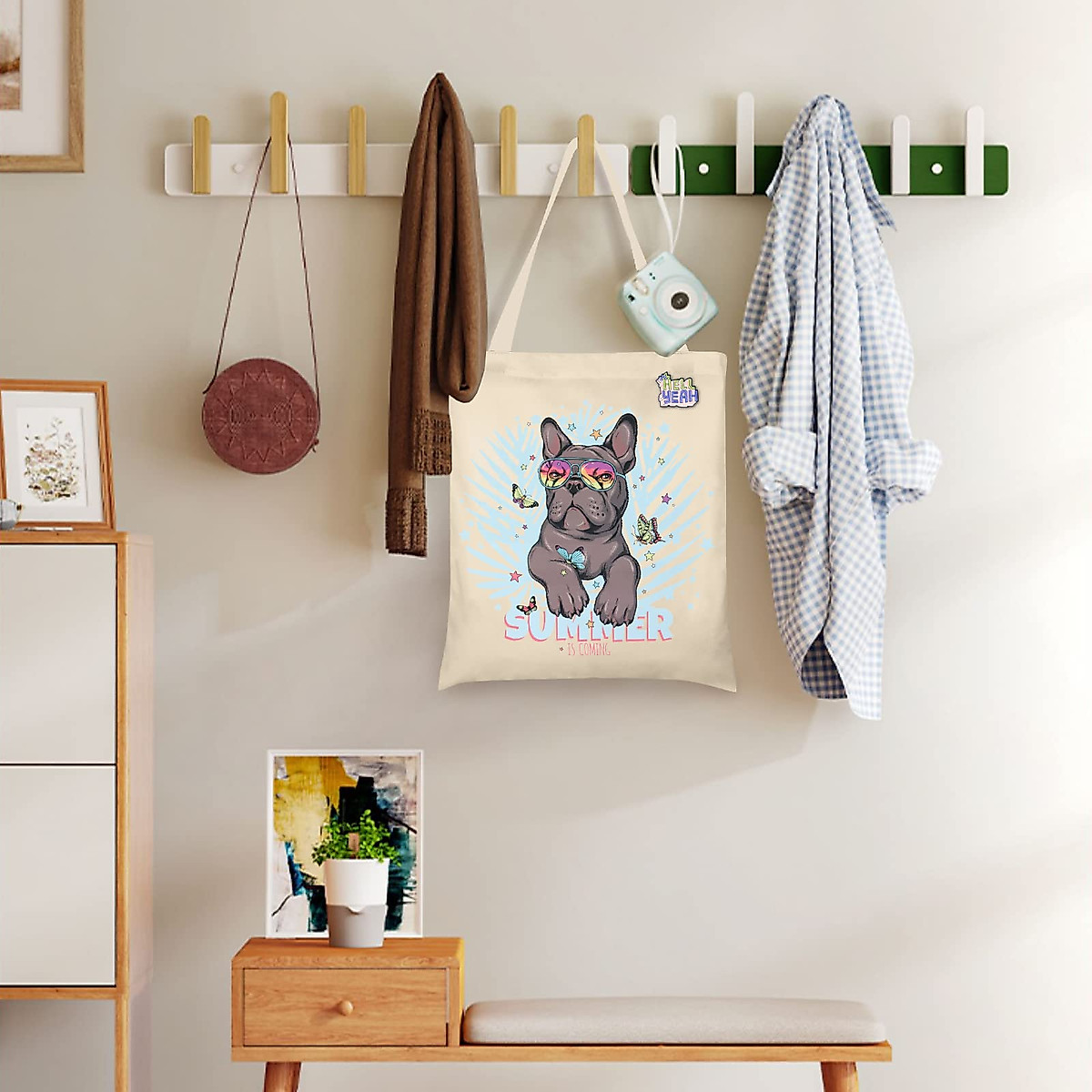 COZYMATE Gift for Women Cat Coffee Book Worm Canvas Tote Bag With Cute Brooch Pin Heavy Duty Cotton Shopping Bag for Weekend Overnight School Book (coffee book cat)