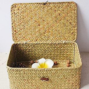 moluo Woven Baskets for Storage - Clothes Hampers for Laundry with Lid - Portable Sea Grass Woven Shelves Holders for Books, Cosmetics, Holiday Containers for Candies, Cookies
