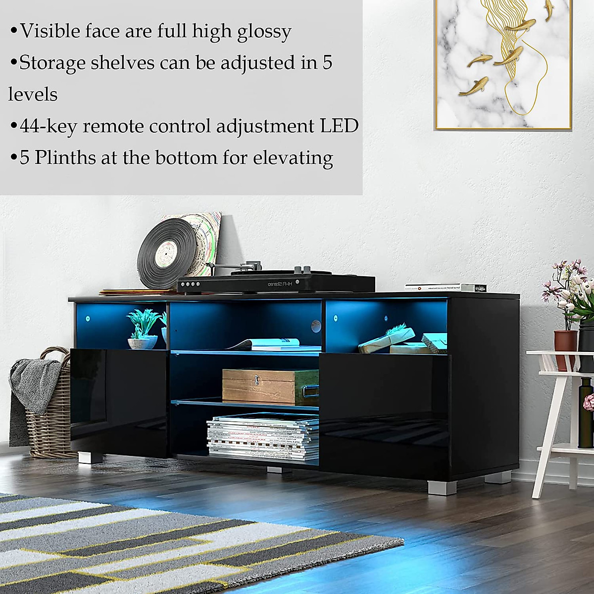 High Glossy LED Black TV Stand for 55/60/65 inch TV,Modern LED Entertainment Center with Adjustable Storage Shelves,Game Console Entertainment Center,TV Table Media Furniture (47inch, Black)