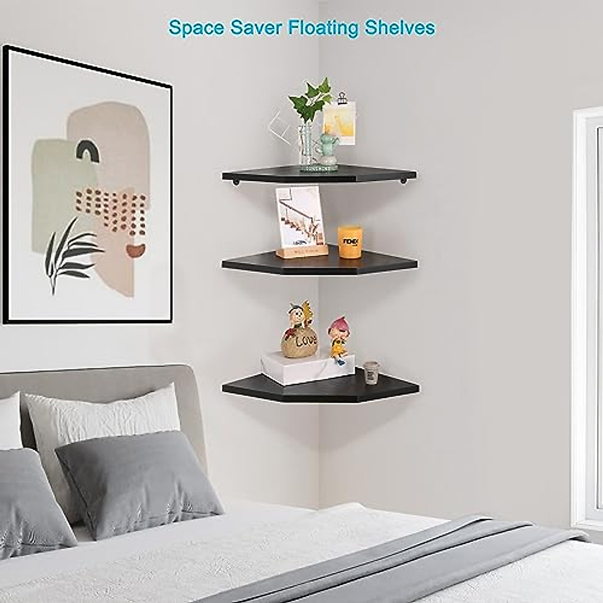 DUICIRX Corner Wall Shelves, Wood Corner Floating Shelves with Cable raceway, Wall Mount Storage Display for TV Accessories, Monitor, Speaker, Cable Box, Game Console (Black, Diamond- 12 Inch)