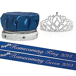 Anderson's Blue/Silver Homecoming King/Queen Coronation Set, Sashes With Foil Imprints, Crown, Tiara, Pins