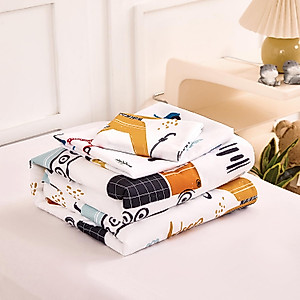 PERFEMET 4 Piece Boys Twin Bedding Sets Car Printed on White Kids Comforter Set for Boys Reversible Cartoon Tractors Bed in A Bag Comforter Set with Sheets (Car Pattern, Twin)