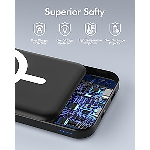 podoru for Magsafe Battery Pack, 5000mAh Magnetic Power Bank with Type-C Cable 20W PD Fast Charging Lighting Input Wireless Portable Charger for iPhone 16/15/14/13/12/ All Series-Black