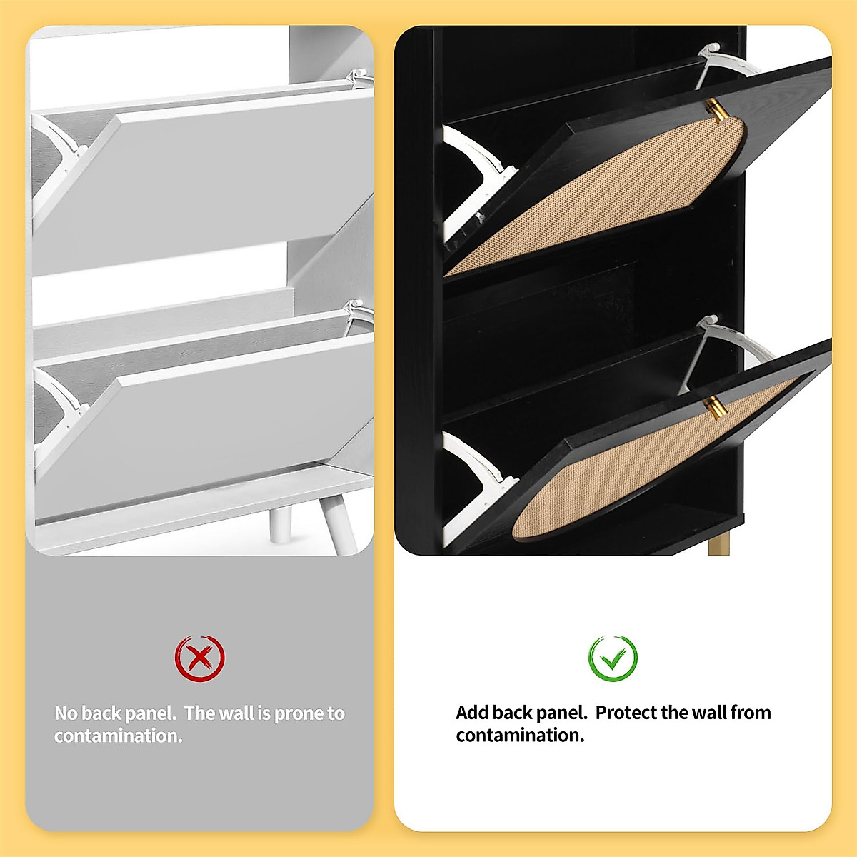 ZeHuoGe Natural Rattan Shoe Cabinet with 2 Flip Drawers, Black Shoe Shelf Organizer with Circle Rattan Doors, for Entryway Narrow Storage Cabinet for Heels, Slippers (Black)