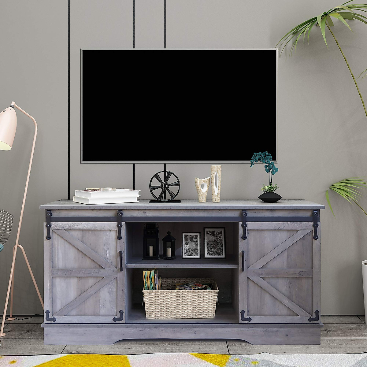 GHQME Sliding Barn Door Farmhouse TV Stand，58 Inch Storage Table，Wood Universal Stand，Living Room Storage Shelves Entertainment Center (Gray MI)