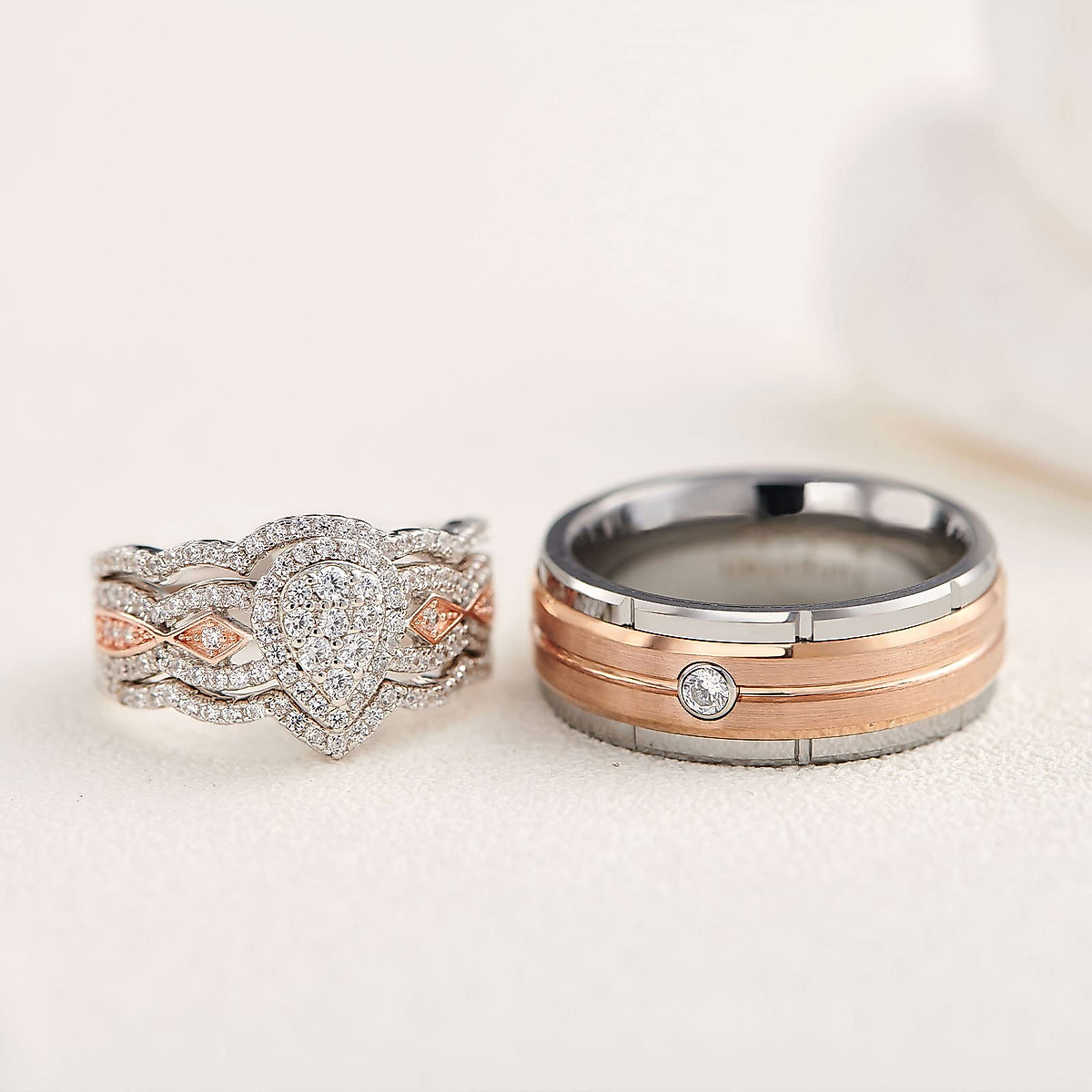 Newshe Jewellery Wedding Rings Set for Him and Her AAAAA Cz Women Mens Tungsten Bands 925 Sterling Silver Rose Gold 11&7