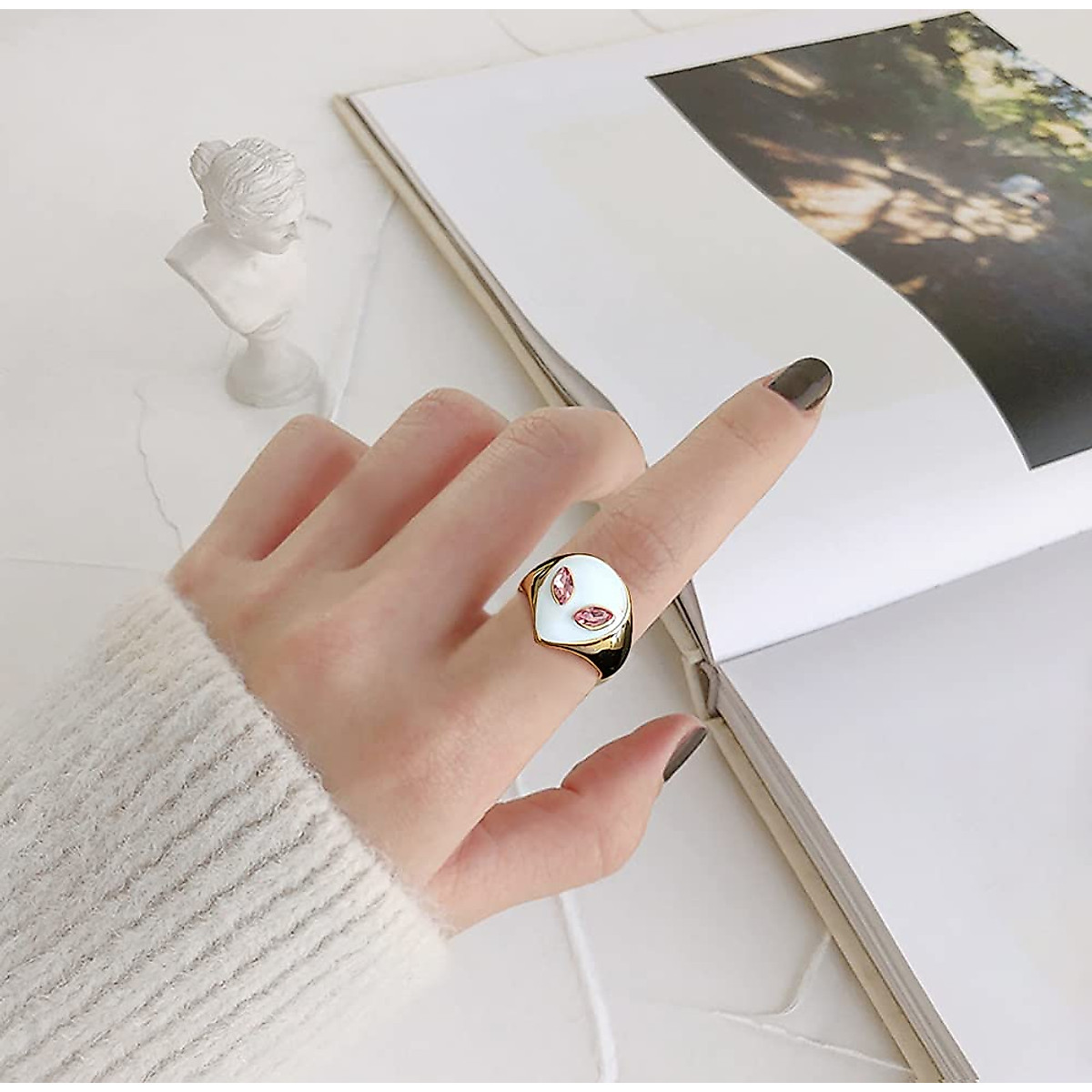 CZ Alien Head Statement Ring for Women 18K Gold Plated White Enameled Pink Crystal Eye Chunky Wide Band Finger Rings Comfort Fit Fashion Unique Cute Jewelry Gifts for Friend Size 8