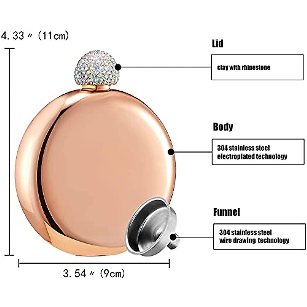 Booze Shot Flask for Women- AB Crystal Lid Creative 304 Stainless Steel Wine Alcohol Liquor Flask for Women Girls Men Party Hand size Hip Flask Glitter coating Whiskey Flasks-5OZ (Rose Gold)