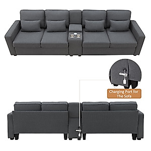 Tmsan 114.2" Modular Sectional Sofa Couch for Living Room Apartment, Modern Linen Upholstered Couch with 2 Cup Holders & 2 USB Charging Ports & 4 Pillows & 3 Storage Pockets, 4-Seat (Dark Grey)