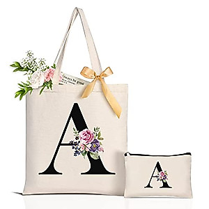 AUNOOL Personalized Tote Bags for Women Makeup Bag with Zipper, Monogram Tote Bag for Bridesmaid Wedding Day Bachelorette Shower Party, Suitable for Travel Holiday Shopping Picnic Letter A