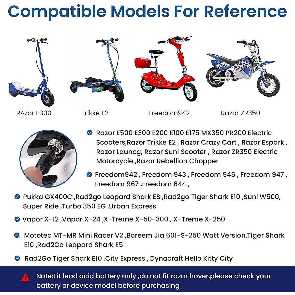 24 Volt 3-Prong for Razor Electric Scooter Charger, E100, E300, E200, E175, E300s, Rider 360, MX400, MX350, Dirt Quad, ZR350, PR200, Pocket Mod, Sports Mod, Go Kart, Replace for Part# W13112099014