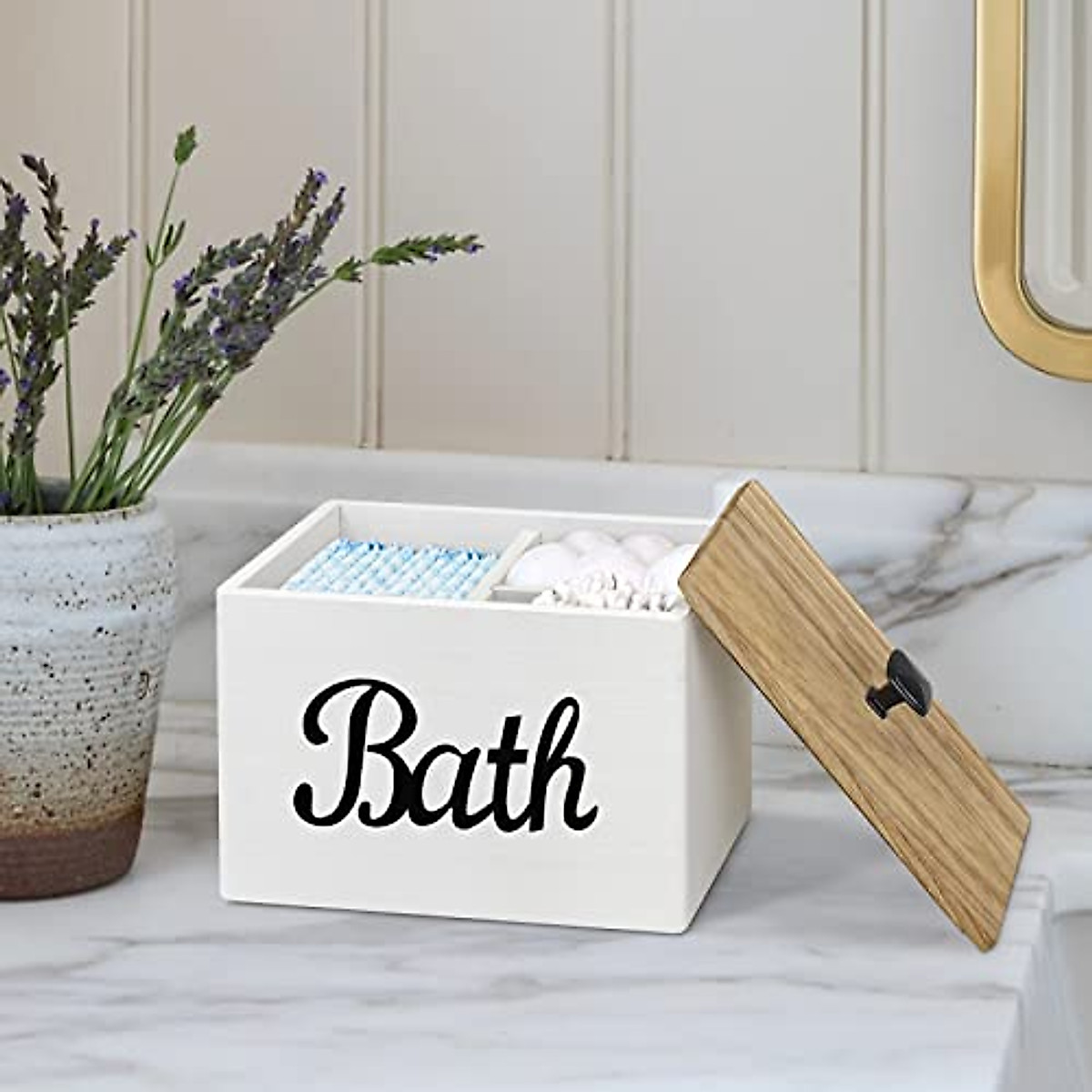 Tampon and Pad Holder Organizer for Bathroom, Decorative Bathroom Container with Lid, Bathroom Accessories Organizer Storage Box, Wood 3 Compartments Cotton Swab Ball Qtip Container with Lid