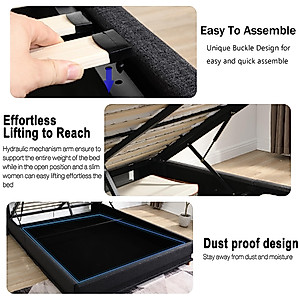 Ailisite Lift Up Storage Bed Queen with Headboard and Storage, Black Upholstered Storage Bed with Wingback Tufted Headboard, Led Queen Size Bed Frame with Charging Station, No Box Spring Needed