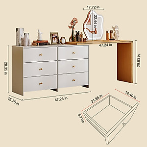 sbdmirau Vanity Desk with Mirror and with 3 Color Lighting Modes Adjustable Brightness, 6 Drawers Makeup Table for Bedroom Studio, 3-Sections Silent Slides Gift for Girls and Women, Wood Vanity