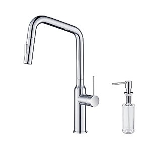 KIBI Macon Single Handle Pull Down Faucet for Kitchen Sink with Soap Dispenser | Solid Brass High Arc Faucet Spout | 360 Degree Swivel Kitchen Faucet with Pull Down Sprayer | Chrome Finish (KKF2007)