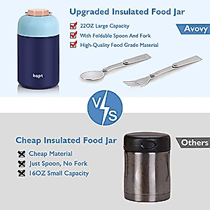 Avovy Thermos For Hot Food - 22 Oz Insulated Food Jar, Insulated Lunch Container With Bowl, Foldable Spoon&Fork, Powerful Insulated Food Thermos For School Office Camping Travel (Blue)