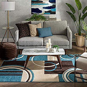 Echo Shapes & Circles Blue & Brown Modern Geometric Comfy Casual Hand Carved Area Rug 5'3" x 7'3" Abstract Contemporary Soft Living Room Rug