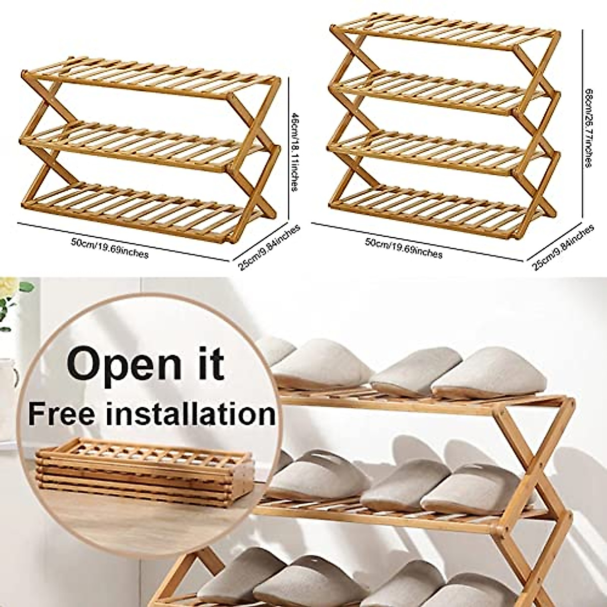 Koolouispoper Shoe Rack 3/4 Tier Folding Multifunctional Storage Organizer Bamboo Shoe Shelf Simple Household Economical Shelf (3 Layers)