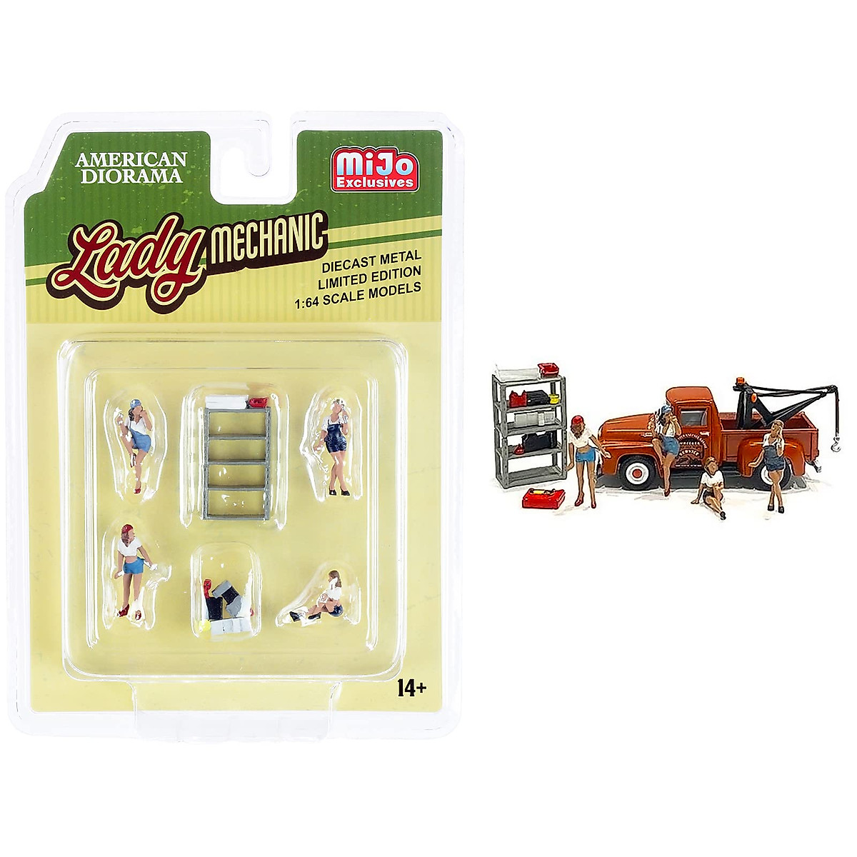 Lady Mechanic 6 Piece Diecast Set (4 Figurines and 2 Accessories) for 1/64 Scale Models by American Diorama 76484