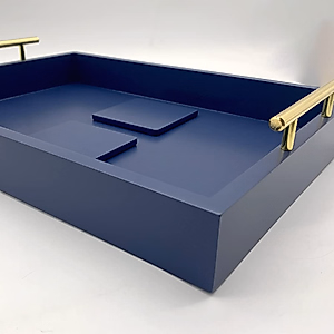 Simoei Serving Tray, Deluxe Tray for Coffee Table with Polished Gold Metal Handles and 2 Coasters, Living Room Bathroom Organizer Modern Decorative Tray, for Storage Or Display (Blue)