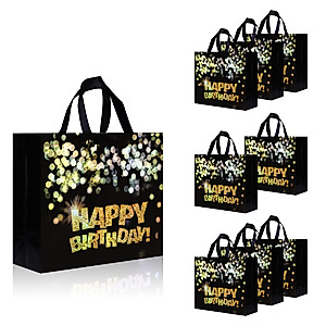 cabzymx 9 pcs Black Birthday Gift Bags with Bases, 12.8 x 4.7 x 11.8 In Large Happy Birthday Party Bags with Gold Shiny Polka Dot, Non-woven Reusable Gift Bags for Girls, Boys